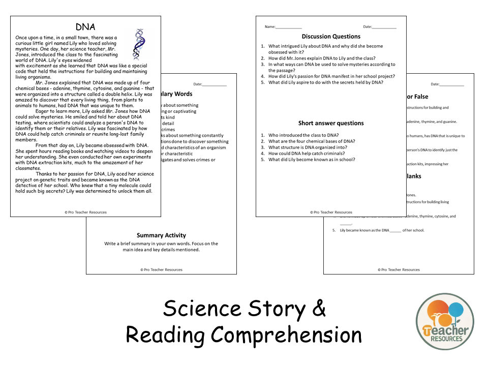 DNA Reading Science Story Comprehension Questions Worksheet | Teaching ...