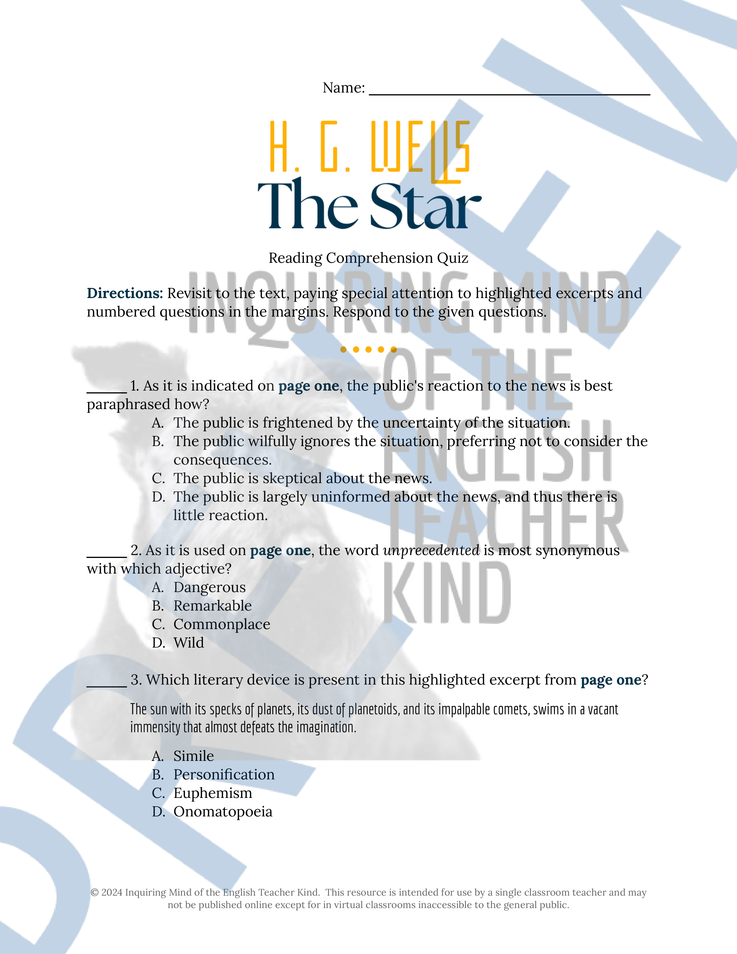 "The Star" by H. G. Wells Close Reading Analysis Worksheet | Science ...