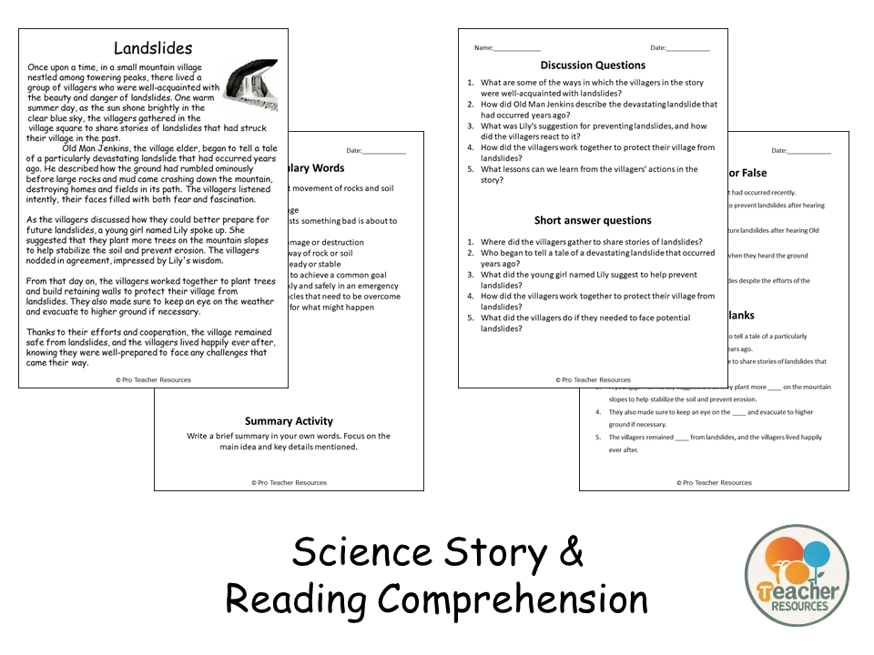 Landslides Reading Science Story Comprehension Questions Worksheet ...