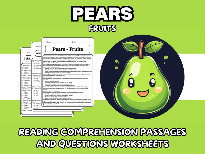 Pears - Fruits Reading Comprehension Passages and Questions Worksheets ...
