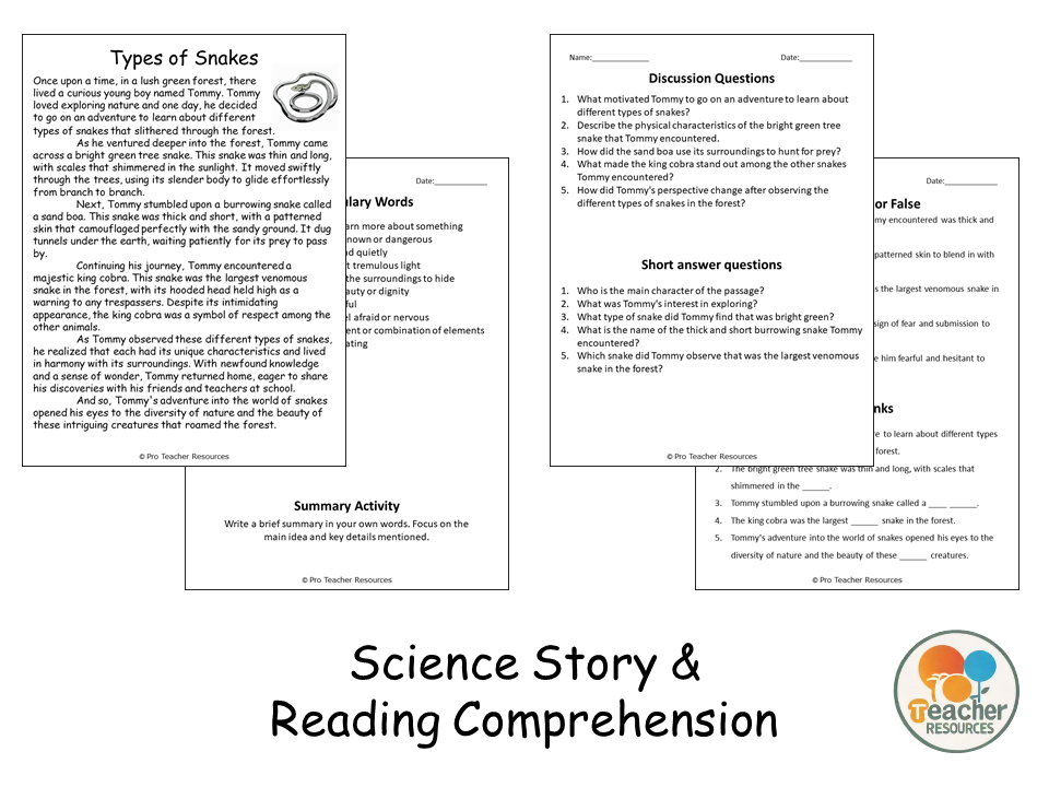 Types of Snakes Reading Science Story Comprehension Questions Worksheet ...
