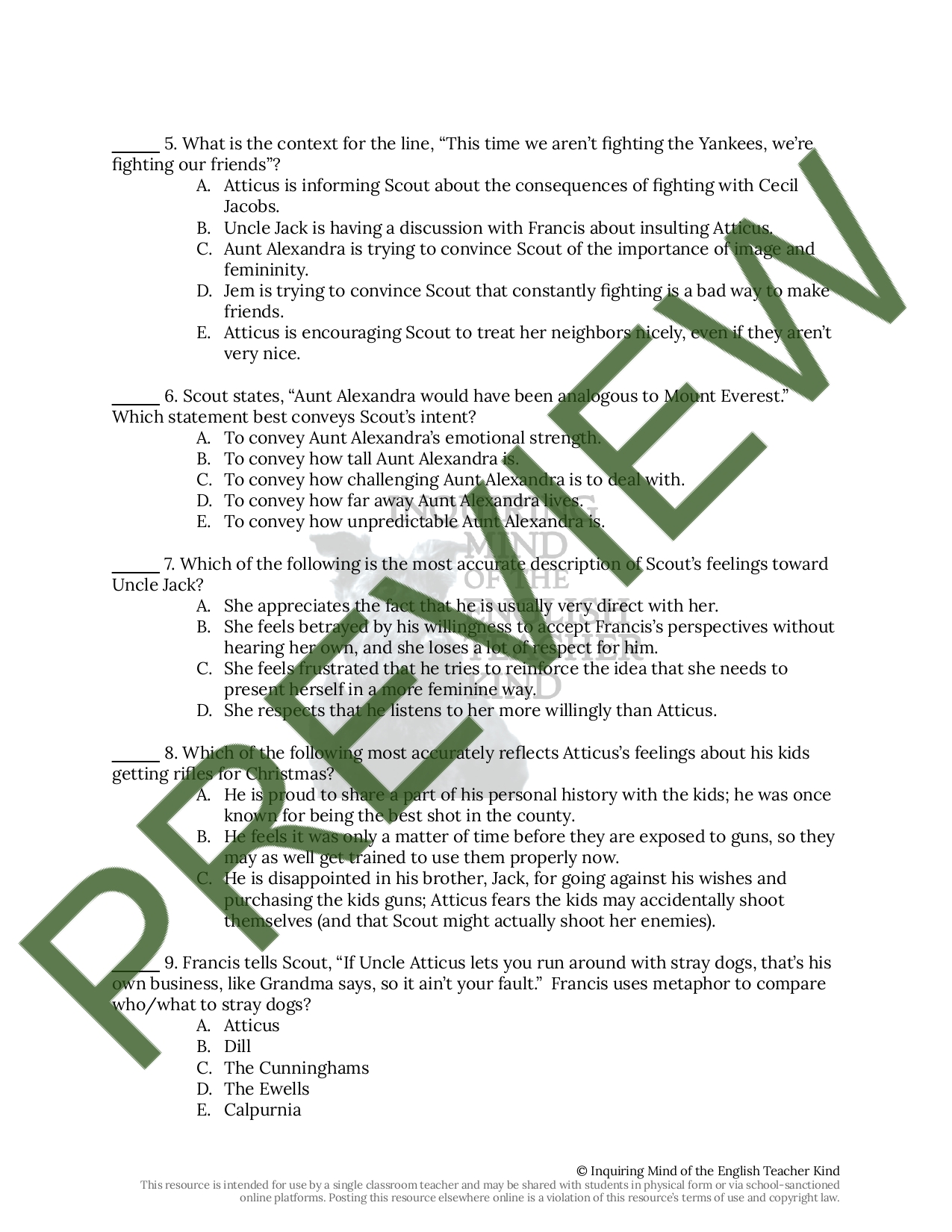 To Kill a Mockingbird Chapter 9 Close Reading Worksheet | Teaching ...