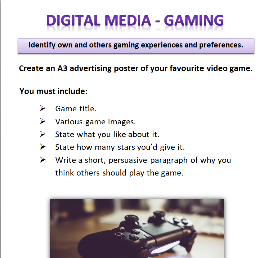 Gaming Media Studies Favourite Game Poster Task Teaching Resources