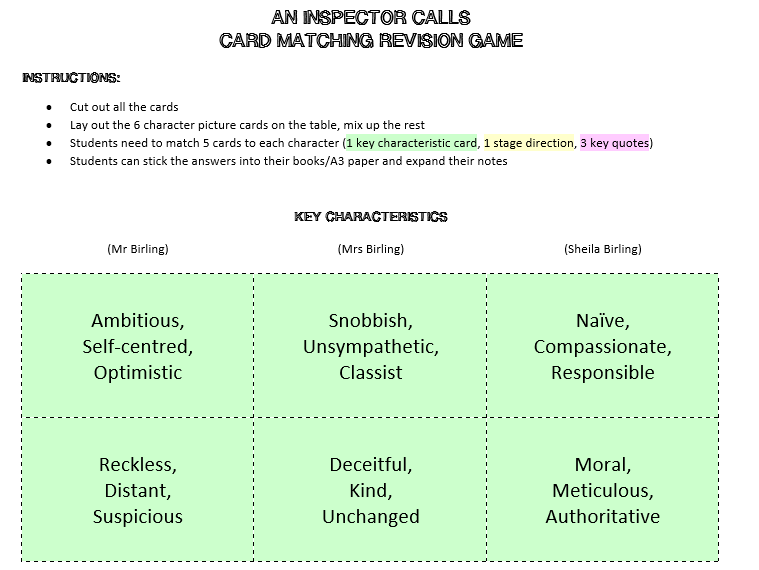 GCSE English Lit - An Inspector Calls - Card Matching Revision Game ...