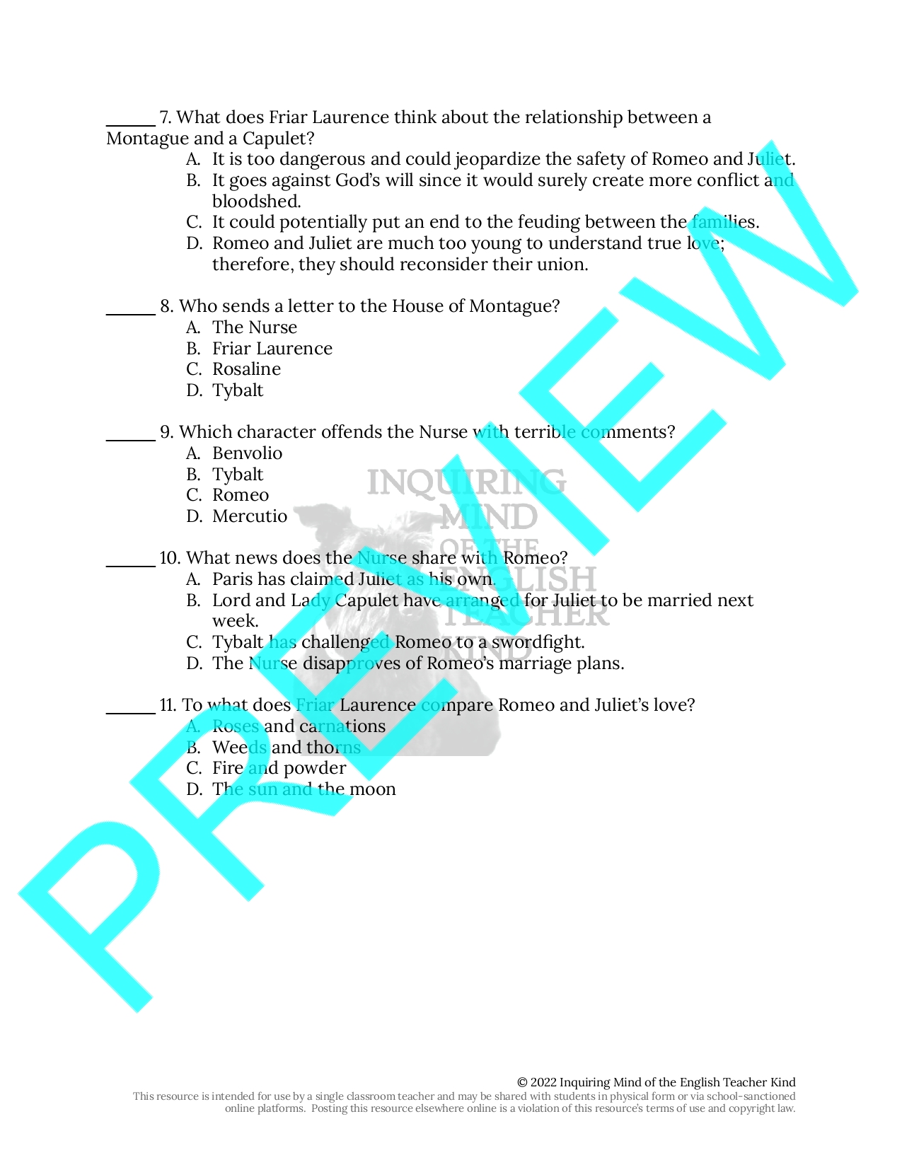 Romeo and Juliet Act 2 Quiz and Answer Key | Teaching Resources