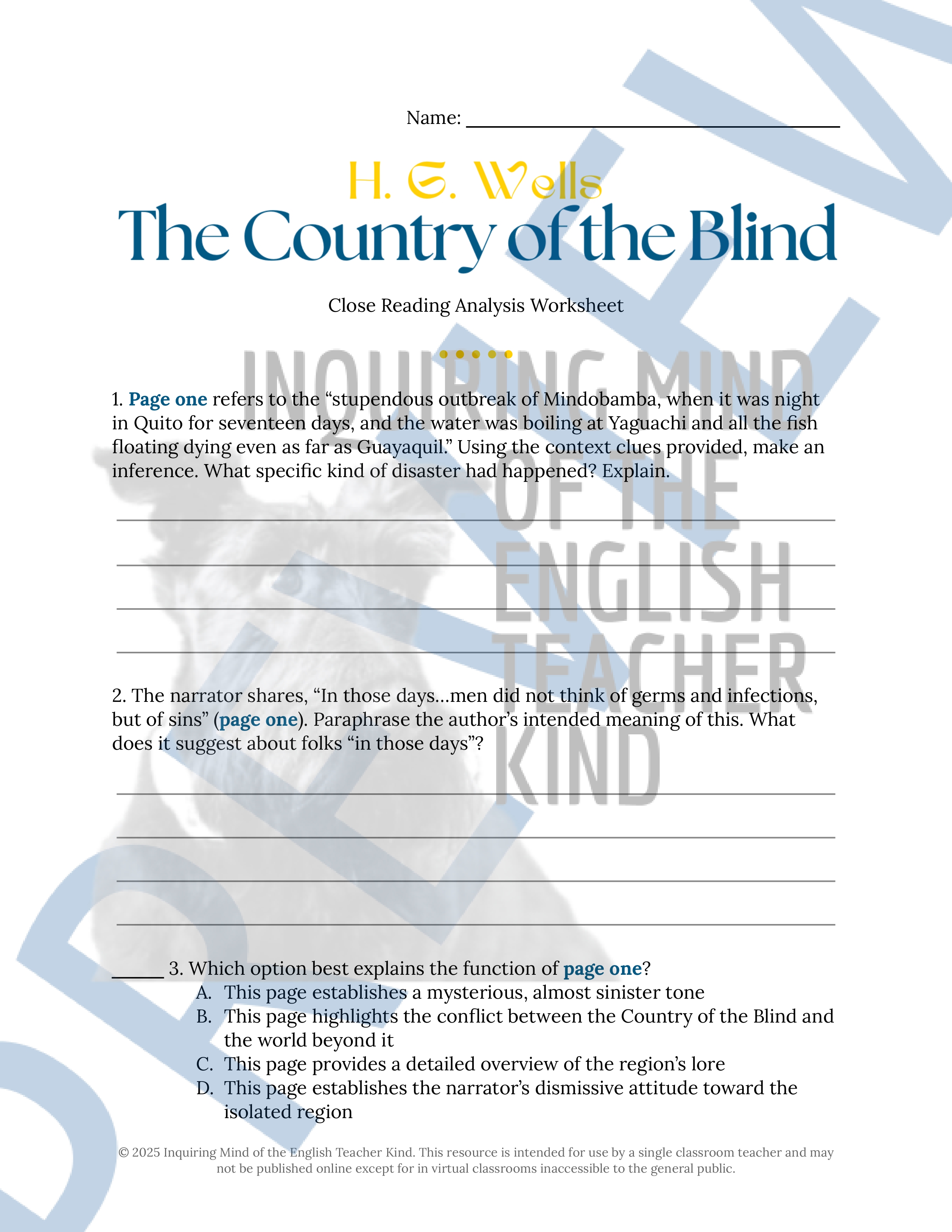 "The Country of the Blind" by H. G. Wells Literary Analysis Worksheet ...