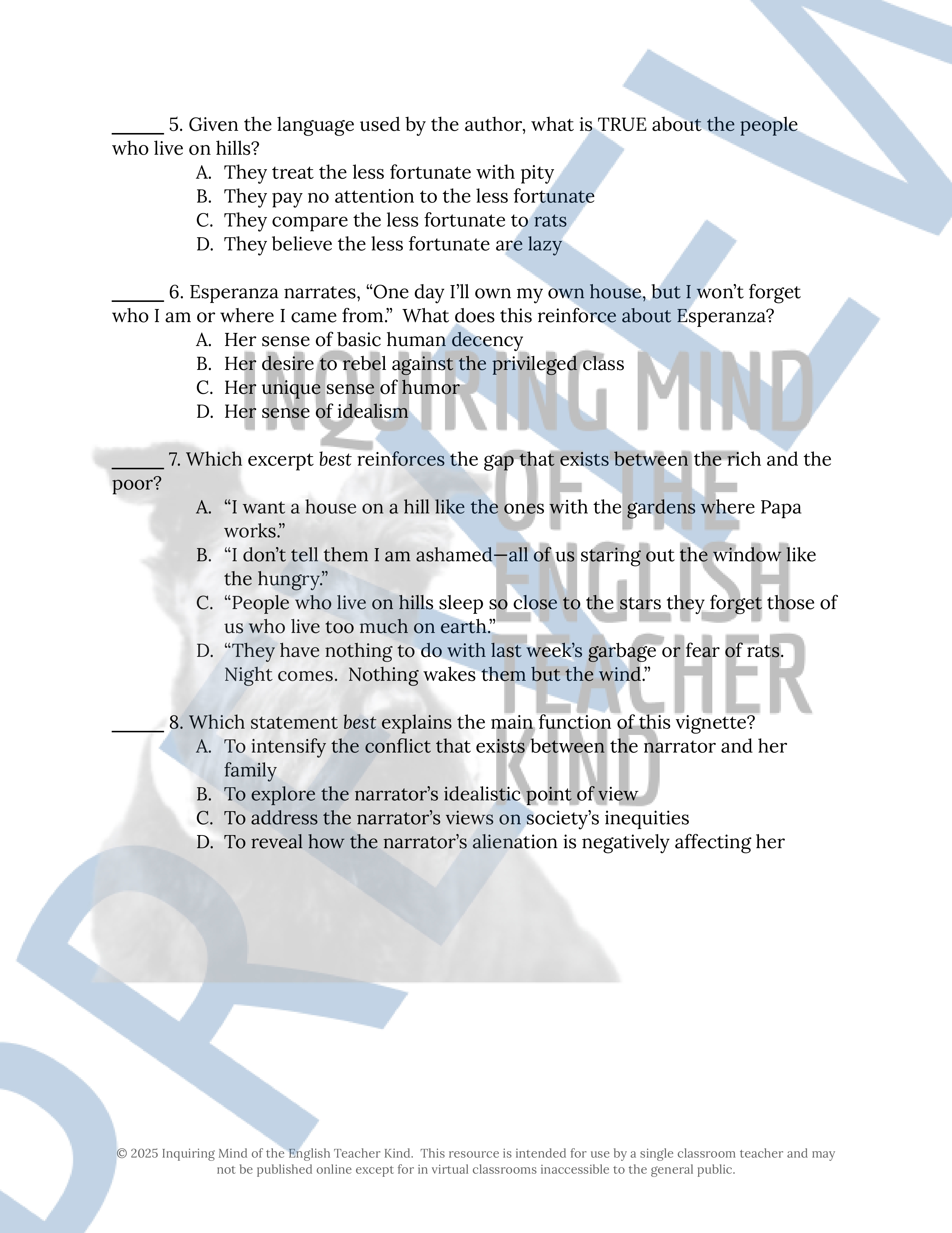 House on Mango Street Close Reading Analysis Worksheet | Bums in the ...