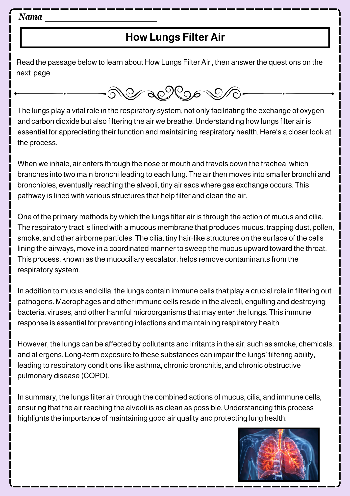 How Lungs Filter Air Reading Comprehension Passages & Questions ...