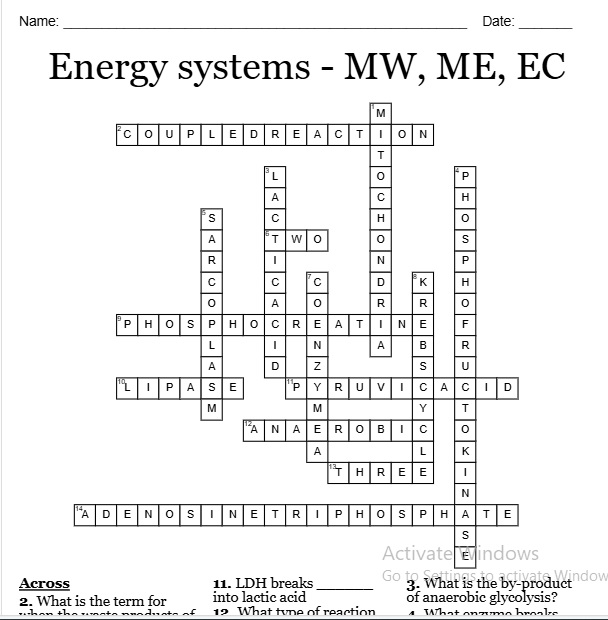 OCR Alevel PE energy (MW, ME & EC) systems crossword | Teaching Resources