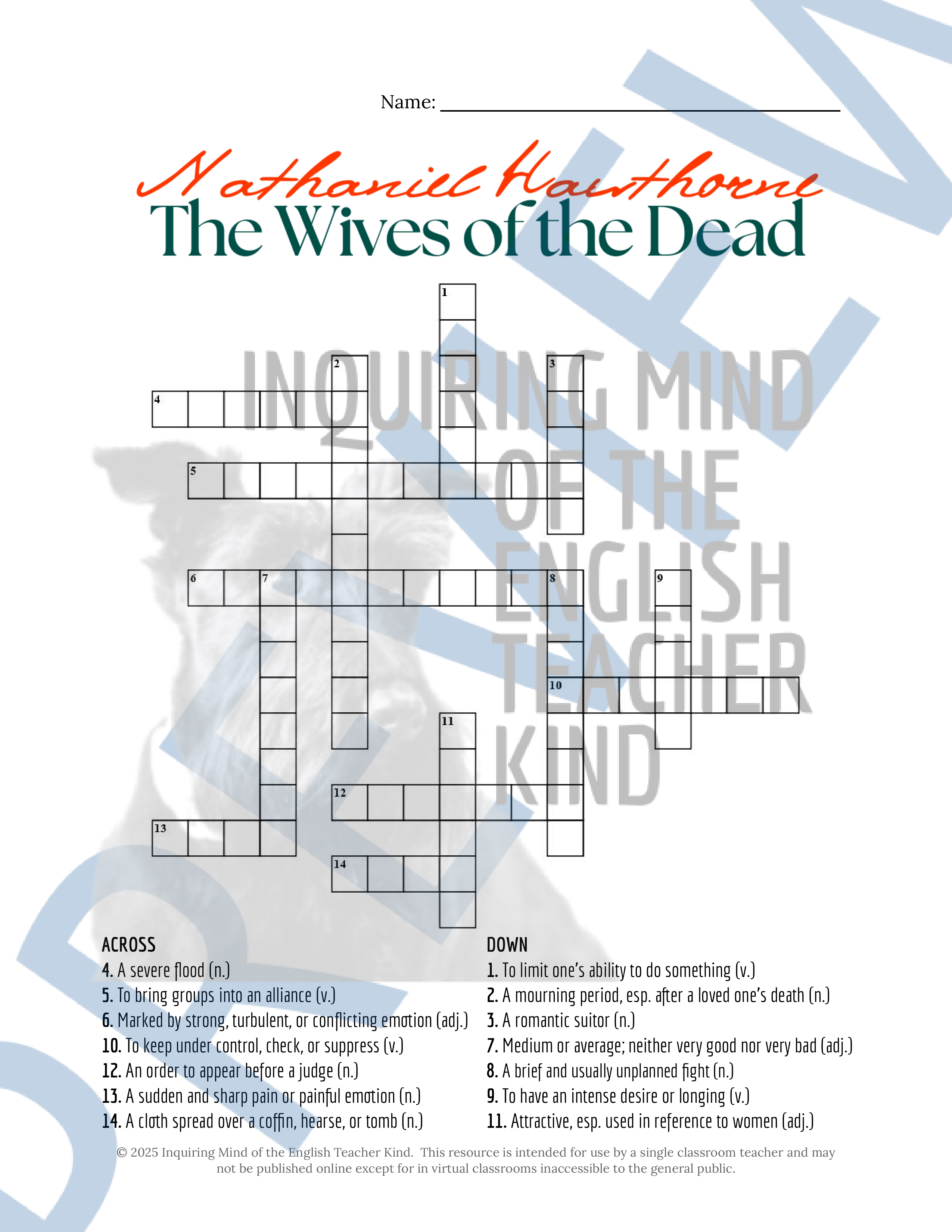 "The Wives of the Dead" by Nathaniel Hawthorne Vocabulary Games and ...