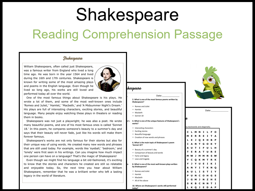 Shakespeare Reading Comprehension and Word Search | Teaching Resources