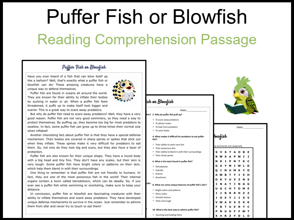 Puffer Fish or Blowfish Reading Comprehension and Word Search ...