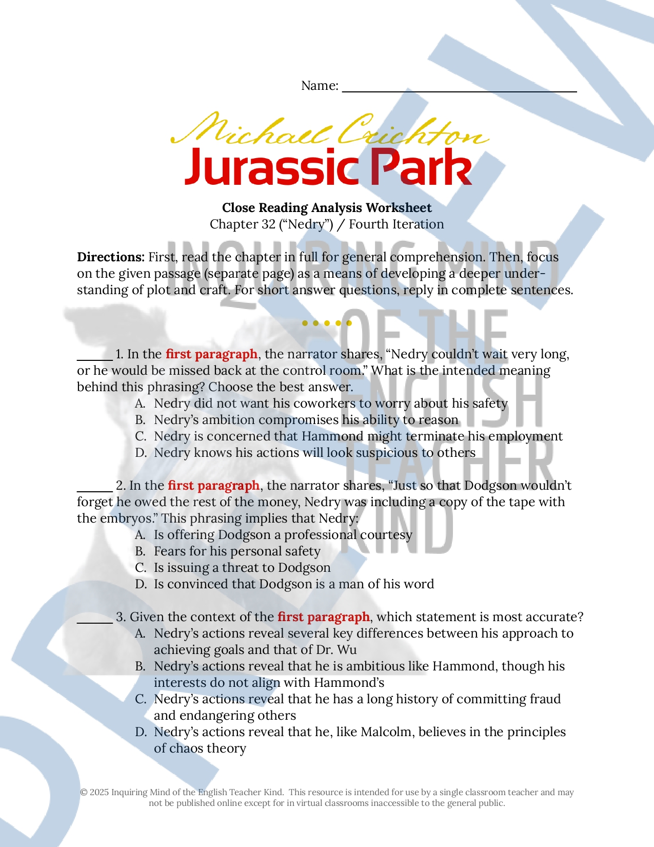 Jurassic Park by Michael Crichton Chapter 32 Close Reading Analysis ...