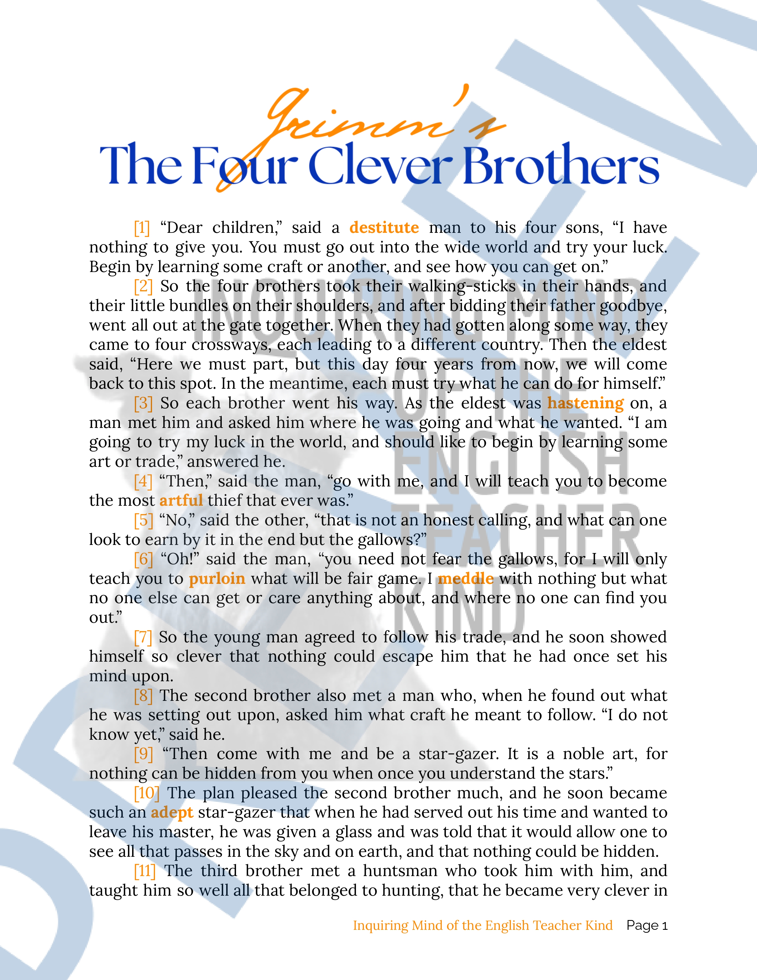 "Four Clever Brothers" Quiz and Answer Key | Brothers Grimm Fairy Tale ...