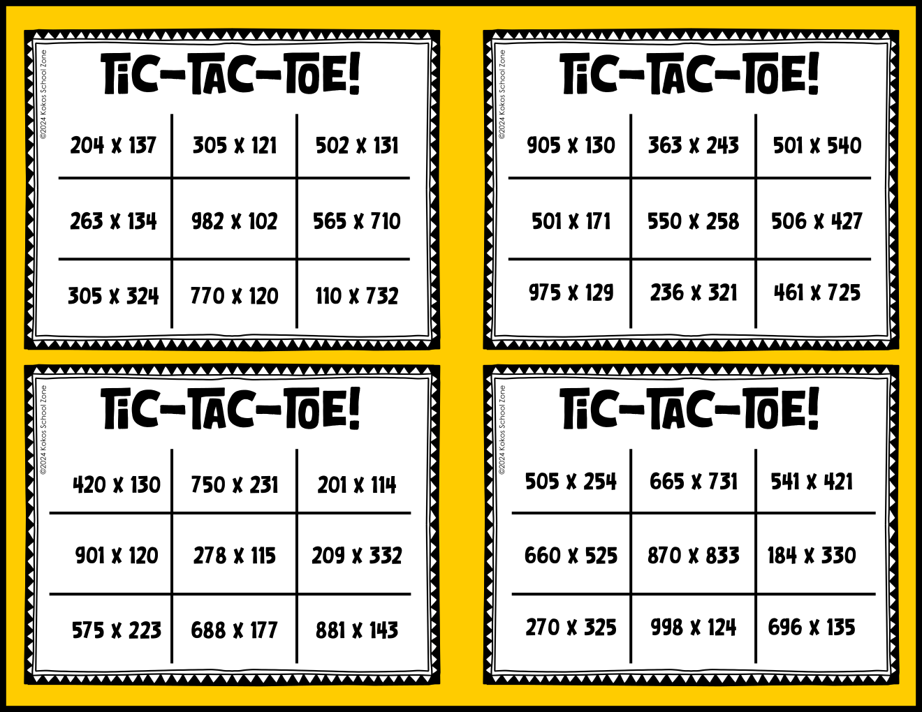 Triple Digit Multiplication (3x3) Tic Tac Toe Math Games Printable Task ...