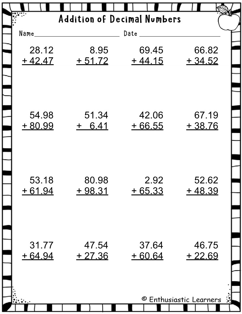 Adding Decimals Worksheets (Up to Hundredths Place) Math Problems ...
