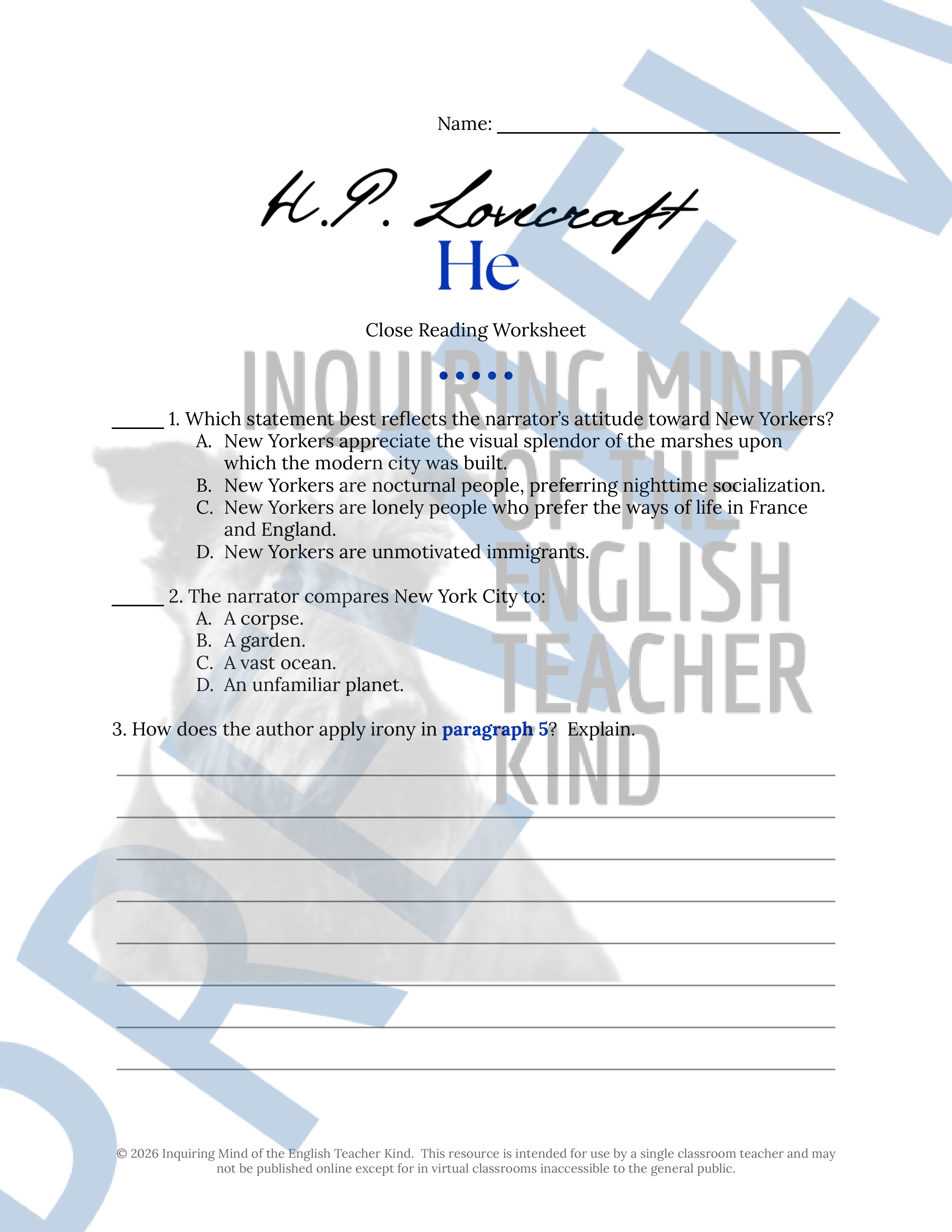 "He" by H.P. Lovecraft Close Reading Analysis Worksheet | Supernatural ...