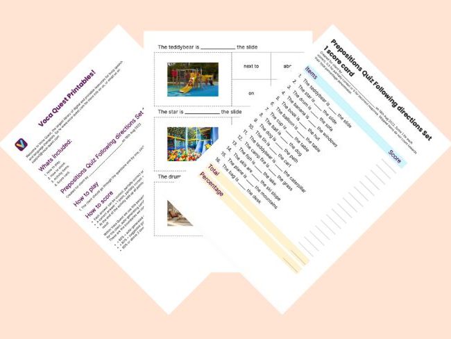 Preposition Scenes Quiz Set 01 - Voca Quest Printable | Teaching Resources