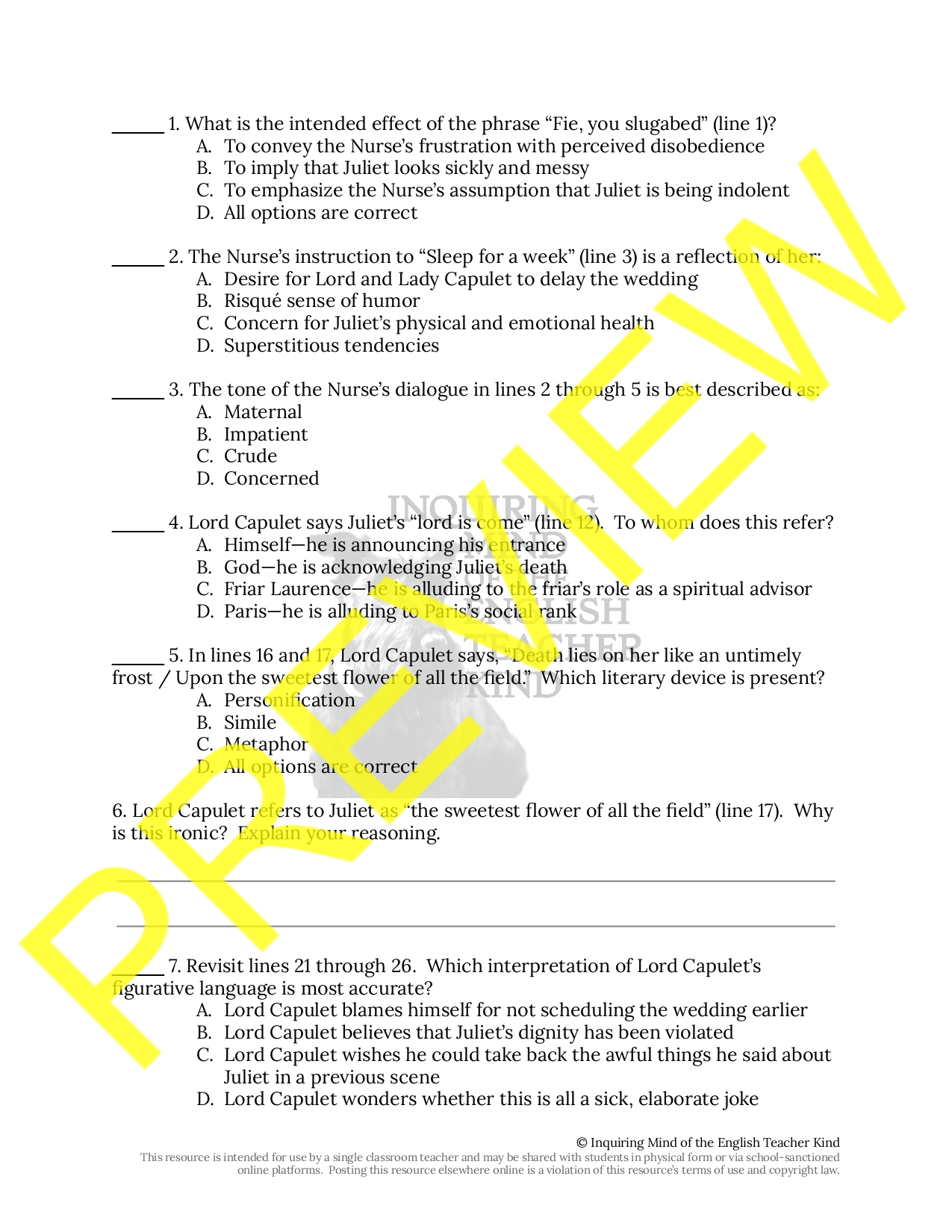 Romeo and Juliet Act 4 Scene 5 Close Reading Worksheet | Teaching Resources