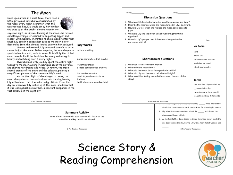 The Moon Reading Science Story Comprehension Questions Worksheet ...