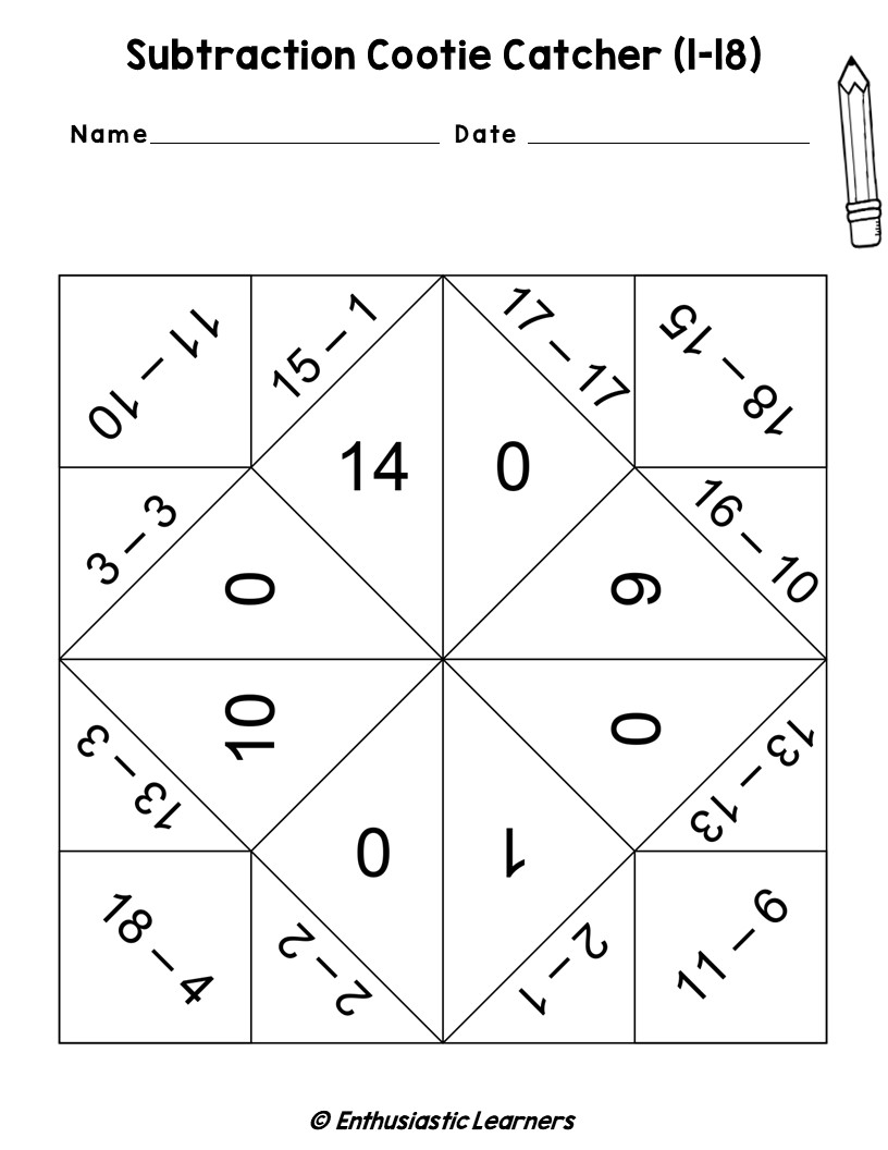 Subtraction Cootie Catcher (1–18) – Games & Fun Activity Worksheets ...