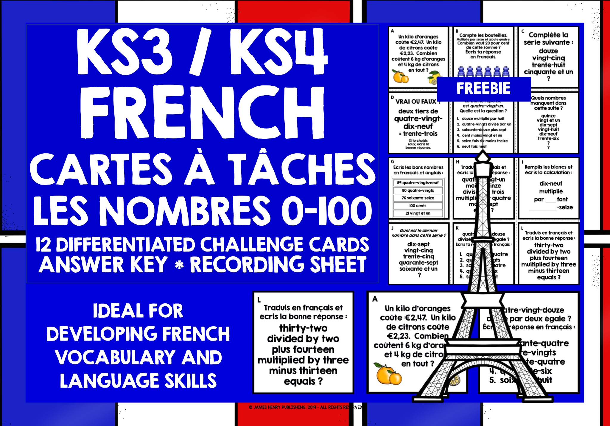 FRENCH NUMBERS 0-100 CHALLENGE CARDS FREEBIE | Teaching Resources