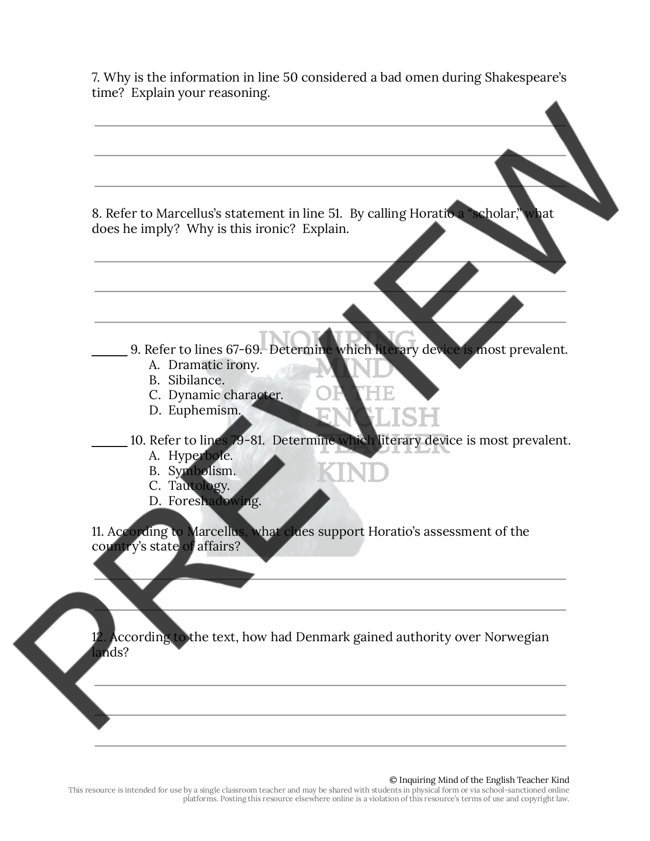 Hamlet Act 1 Scene 1 Close Reading Worksheet | Teaching Resources