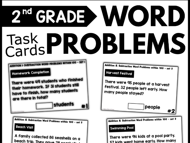 Addition & Subtraction Word Problem Task Cards to 100 - Year 2 Maths ...