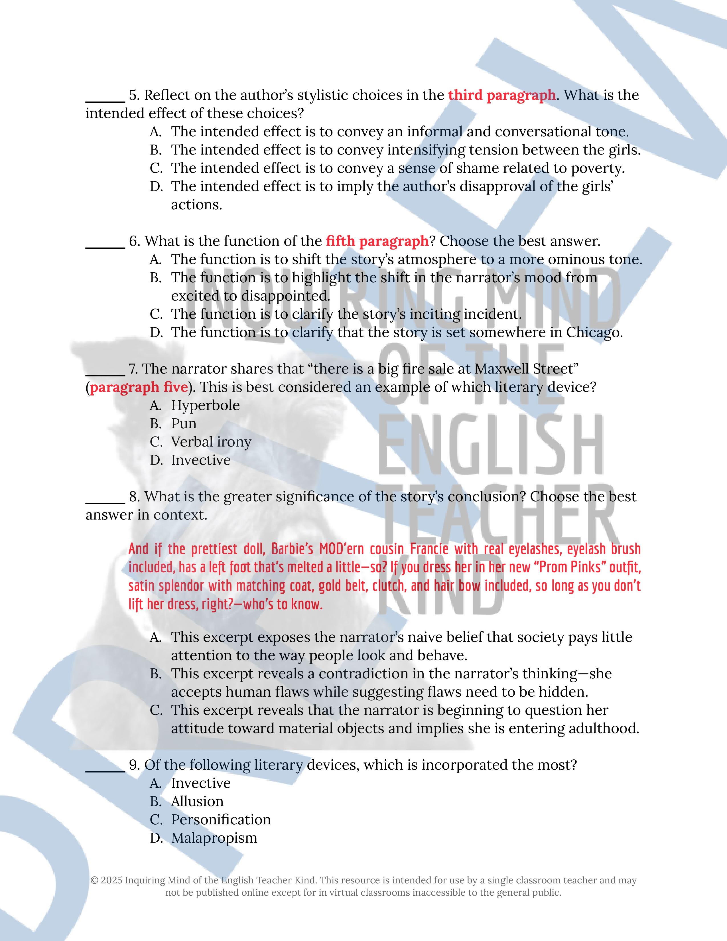"Barbie-Q" by Sandra Cisneros Literary Analysis Worksheet | Critical ...