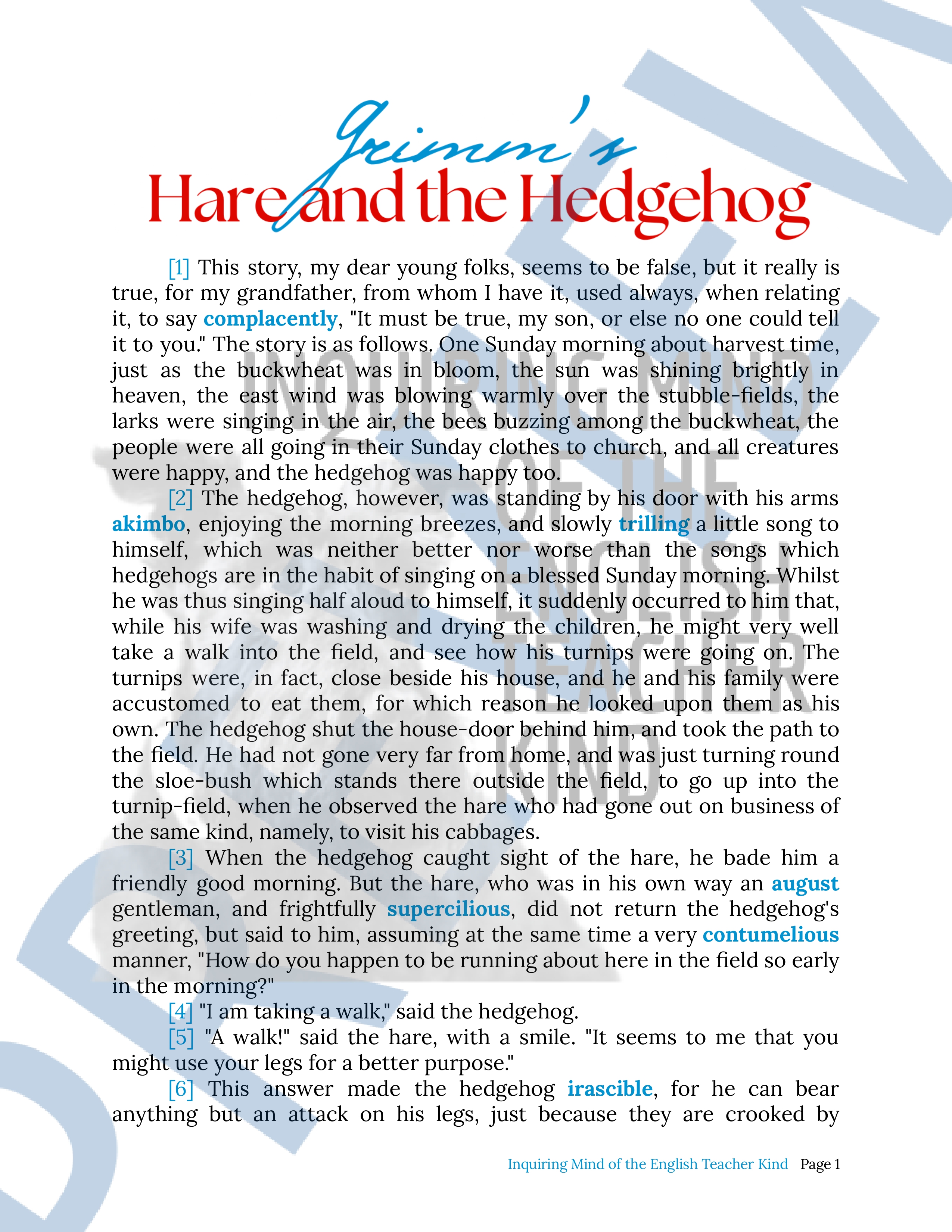 "The Hare and the Hedgehog" Quiz and Answer Key | Grimm's Fairy Tale ...