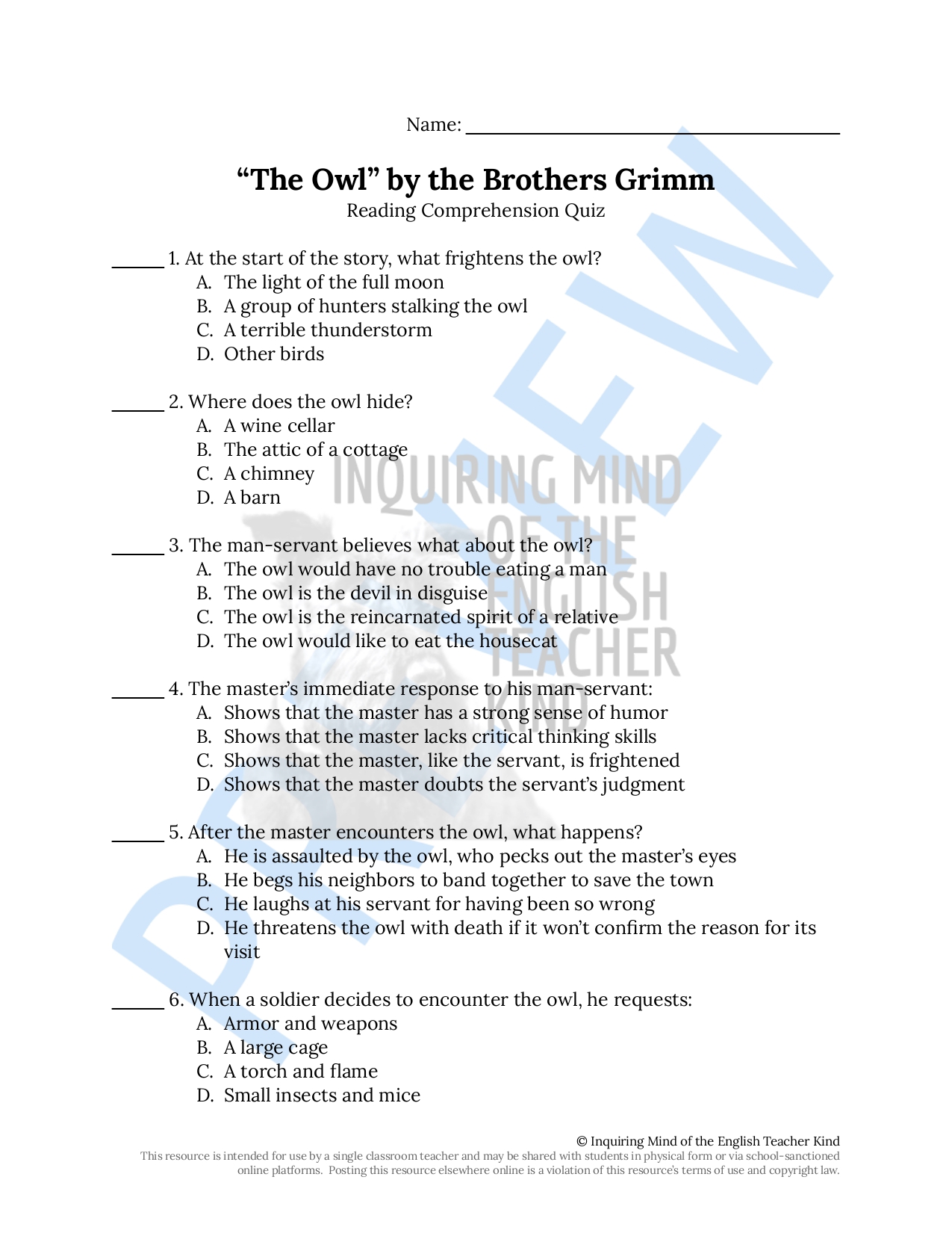"The Owl" by the Brothers Grimm Quiz and Answer Key | Teaching Resources