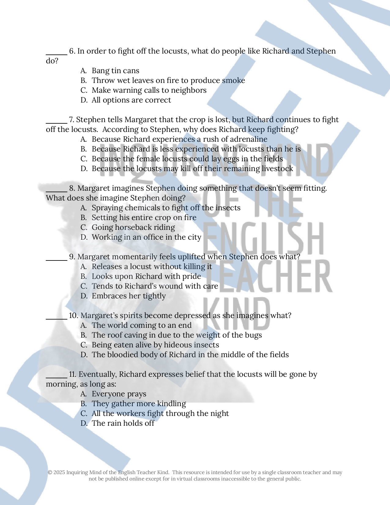 "A Mild Attack of Locusts" by Doris Lessing Quiz and Answer Key ...