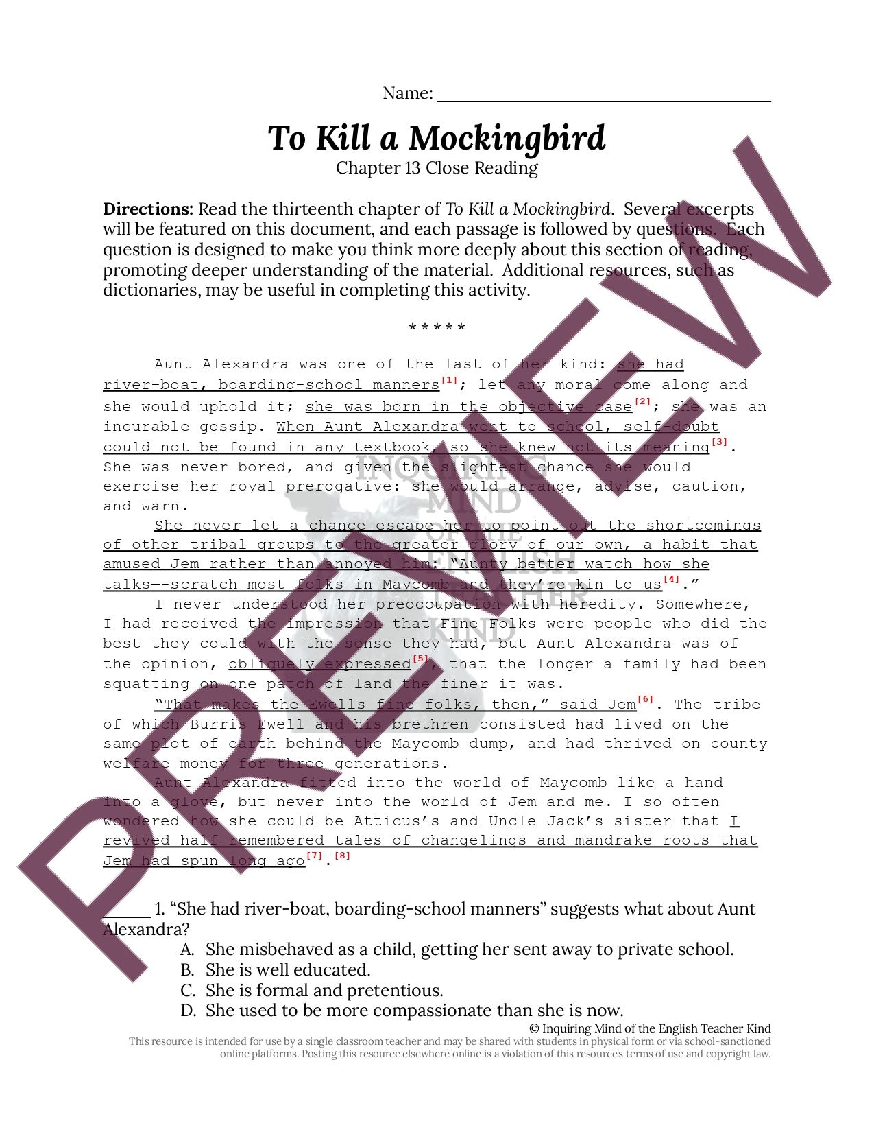 To Kill a Mockingbird Chapter 13 Close Reading Worksheet | Teaching ...