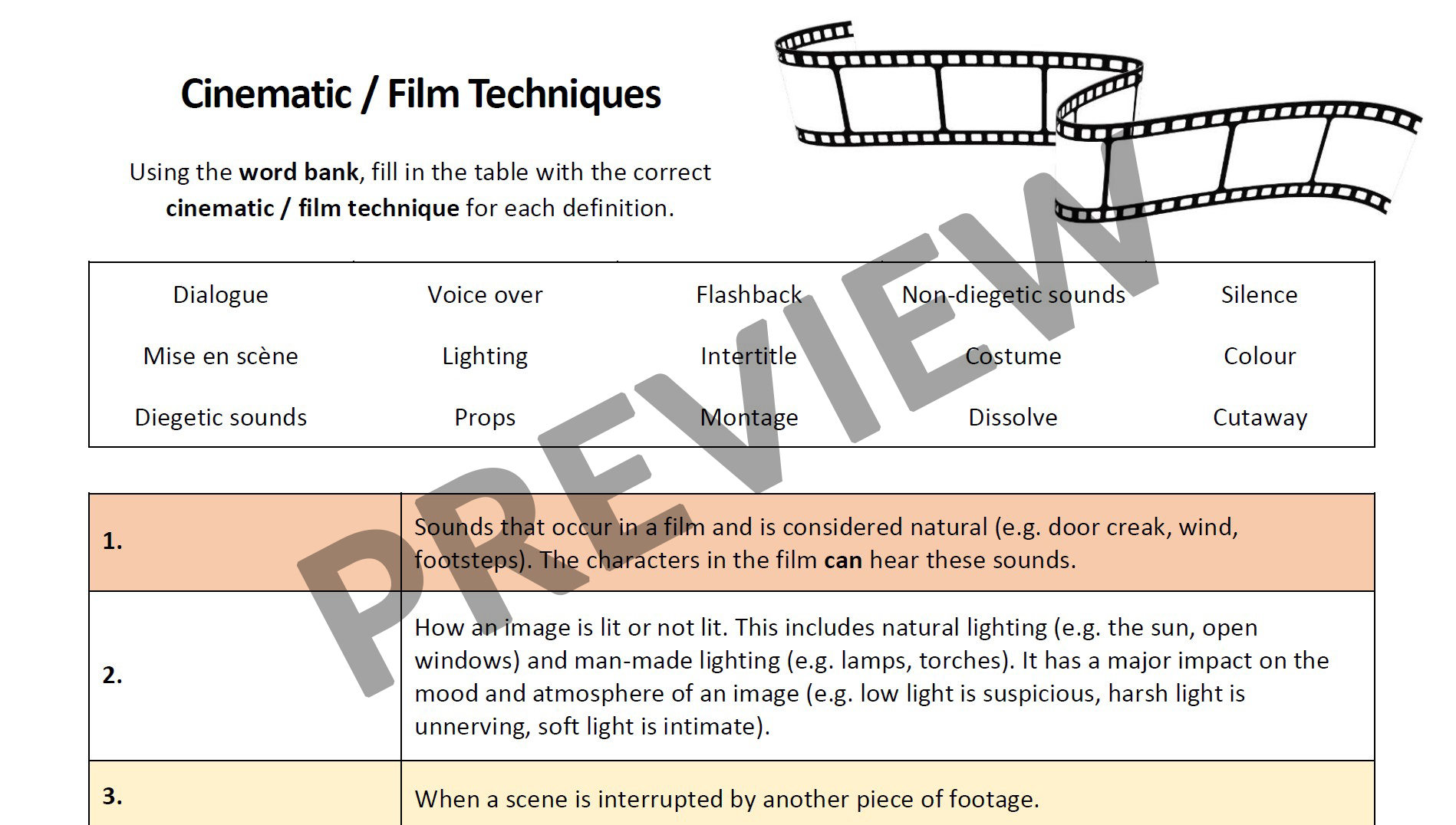 Cinematic Film Techniques Worksheet | Teaching Resources