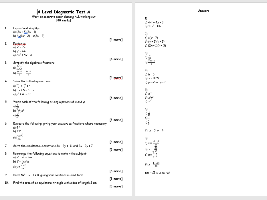 A Level Mathematics Pre Diagnostic Assessment | Teaching Resources