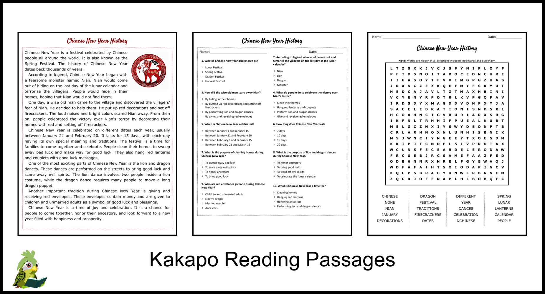 Chinese New Year History Reading Comprehension and Word Search ...