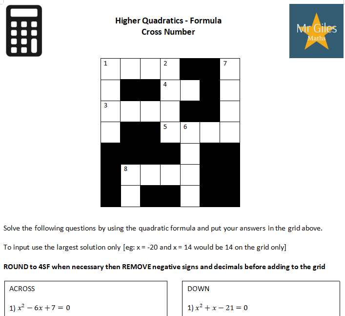 Higher Quadratics - Formula Cross Number | Teaching Resources