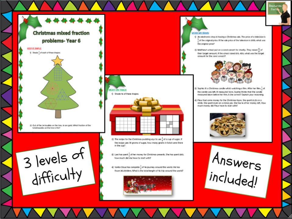Maths Christmas Mixed Fraction Problems Year 6 Teaching Resources