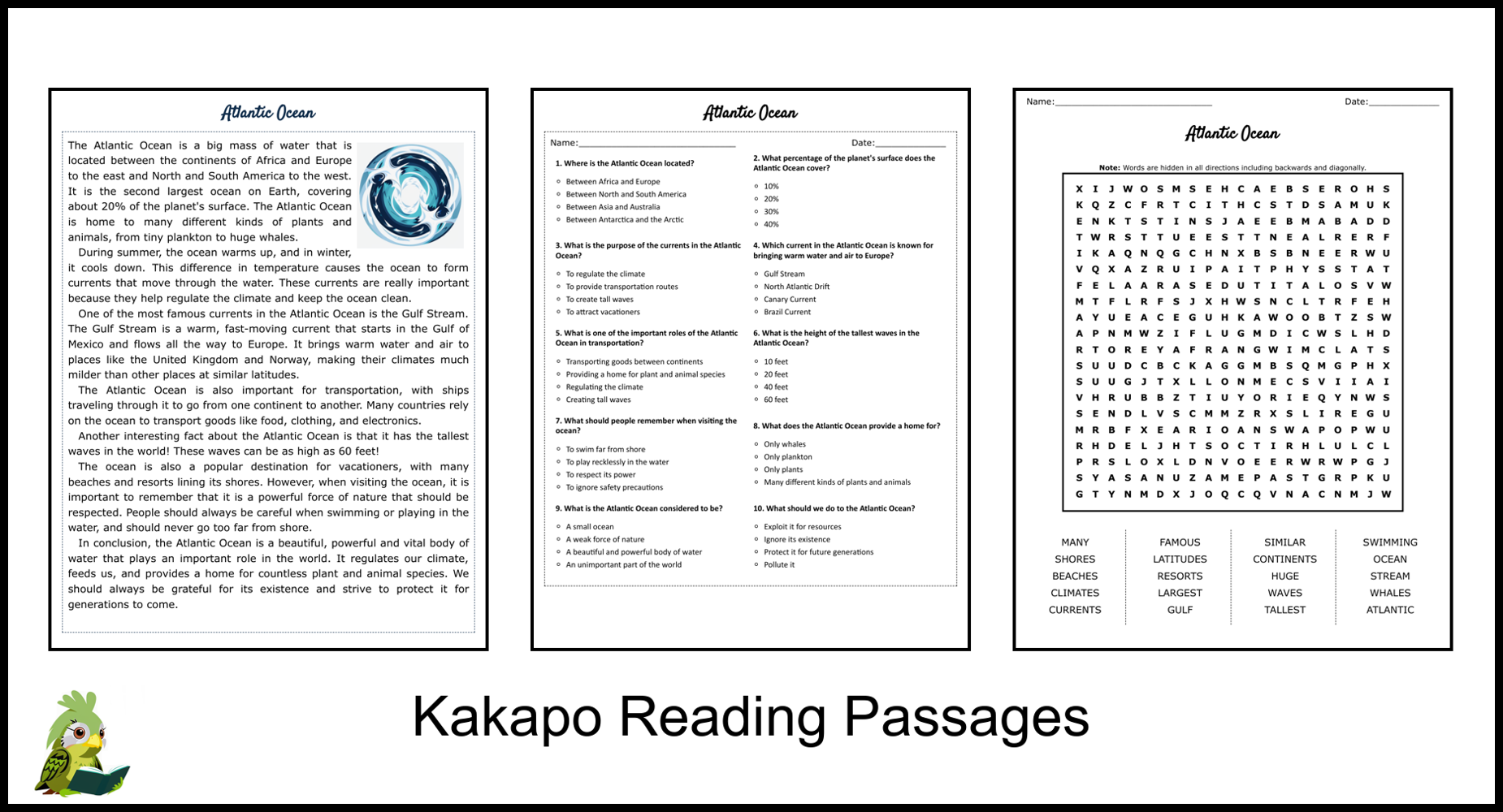 Atlantic Ocean Reading Comprehension and Word Search | Teaching Resources