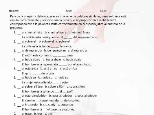 Movement Prepositions Spelling Challenge Spanish Worksheet | Teaching ...