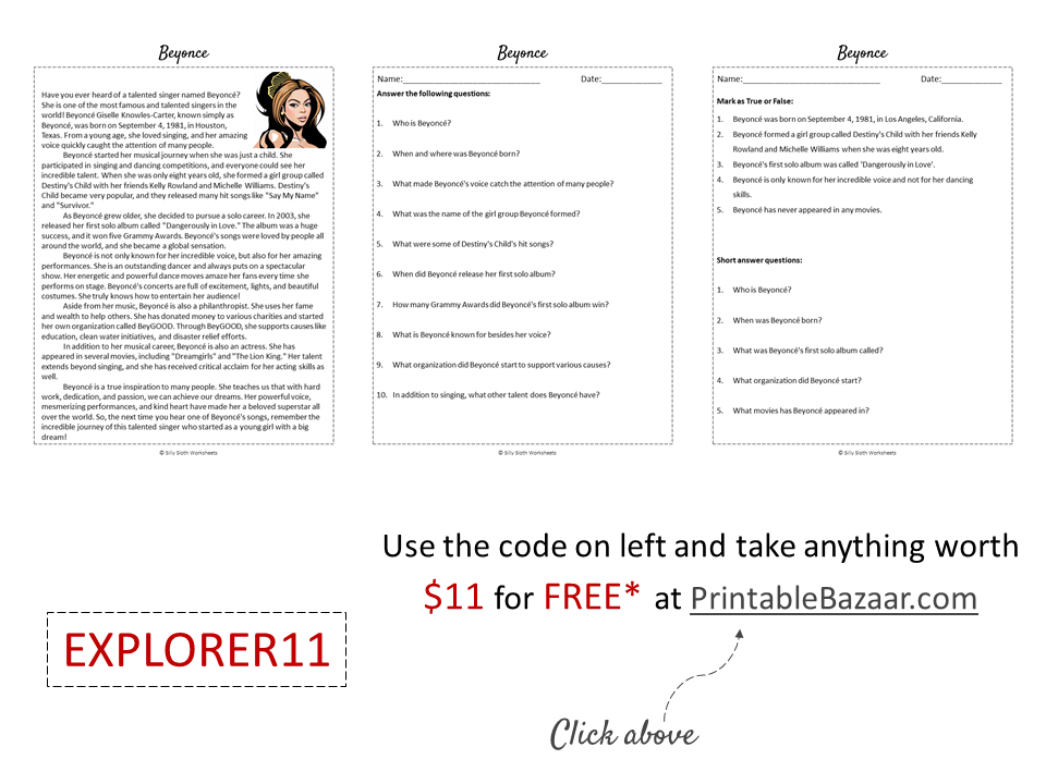 Beyonce Biography Reading Comprehension Passage Printable Worksheet PDF ...