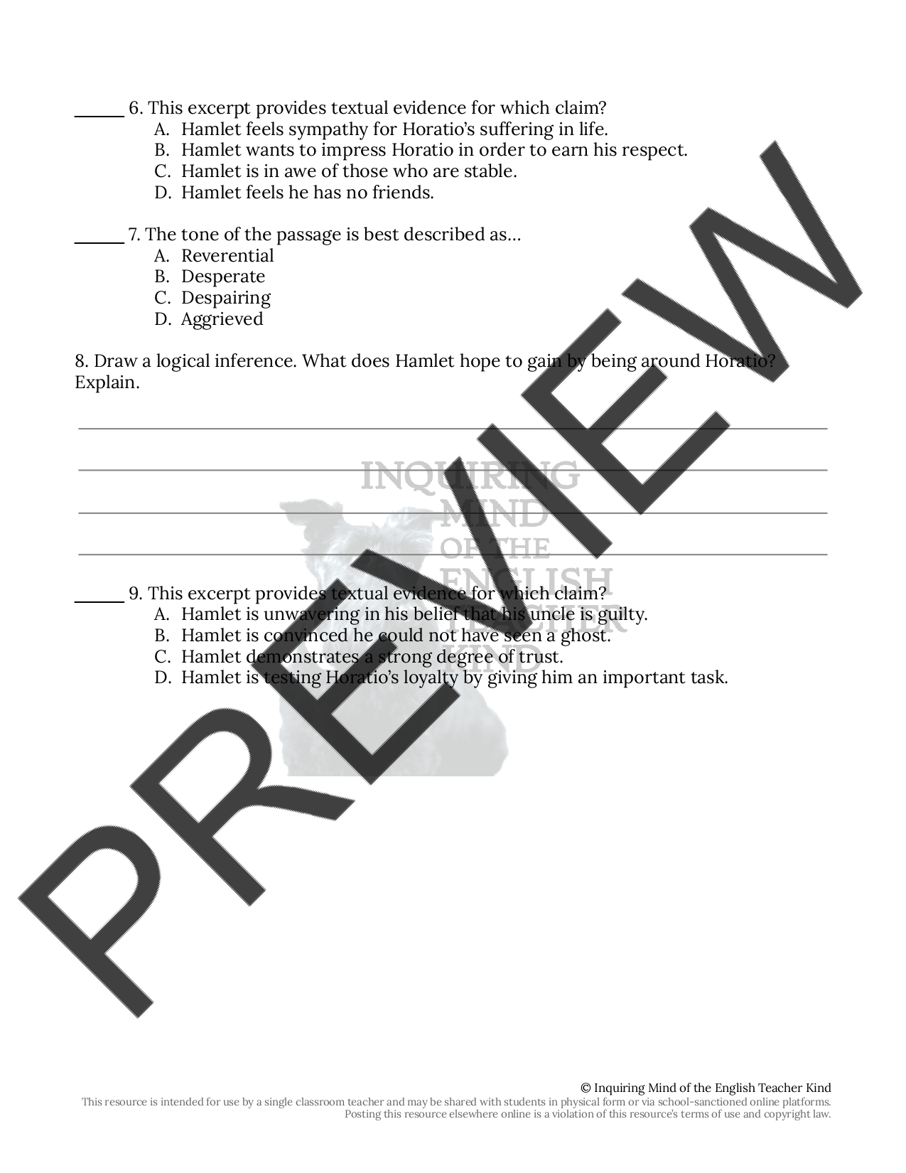 Hamlet Act 3 Scene 2 Close Reading Worksheet | Teaching Resources