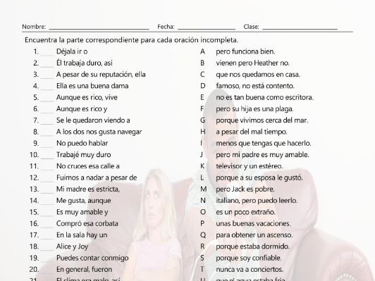 Linking Words and Connectors Sentence Match Spanish Worksheet ...