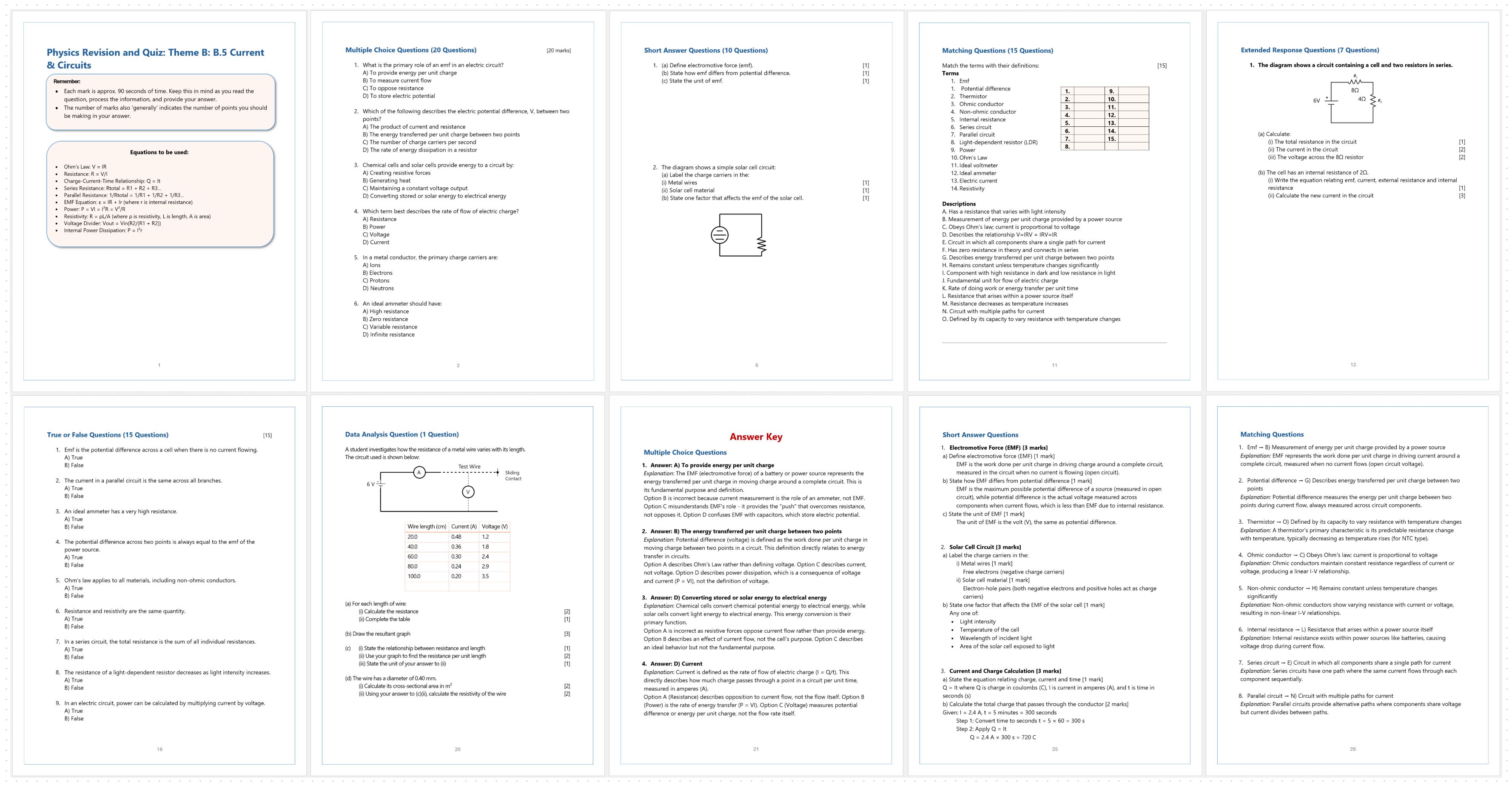 IB DP Physics: B.5 Currents & Circuits – Quiz & Revision Worksheets ...