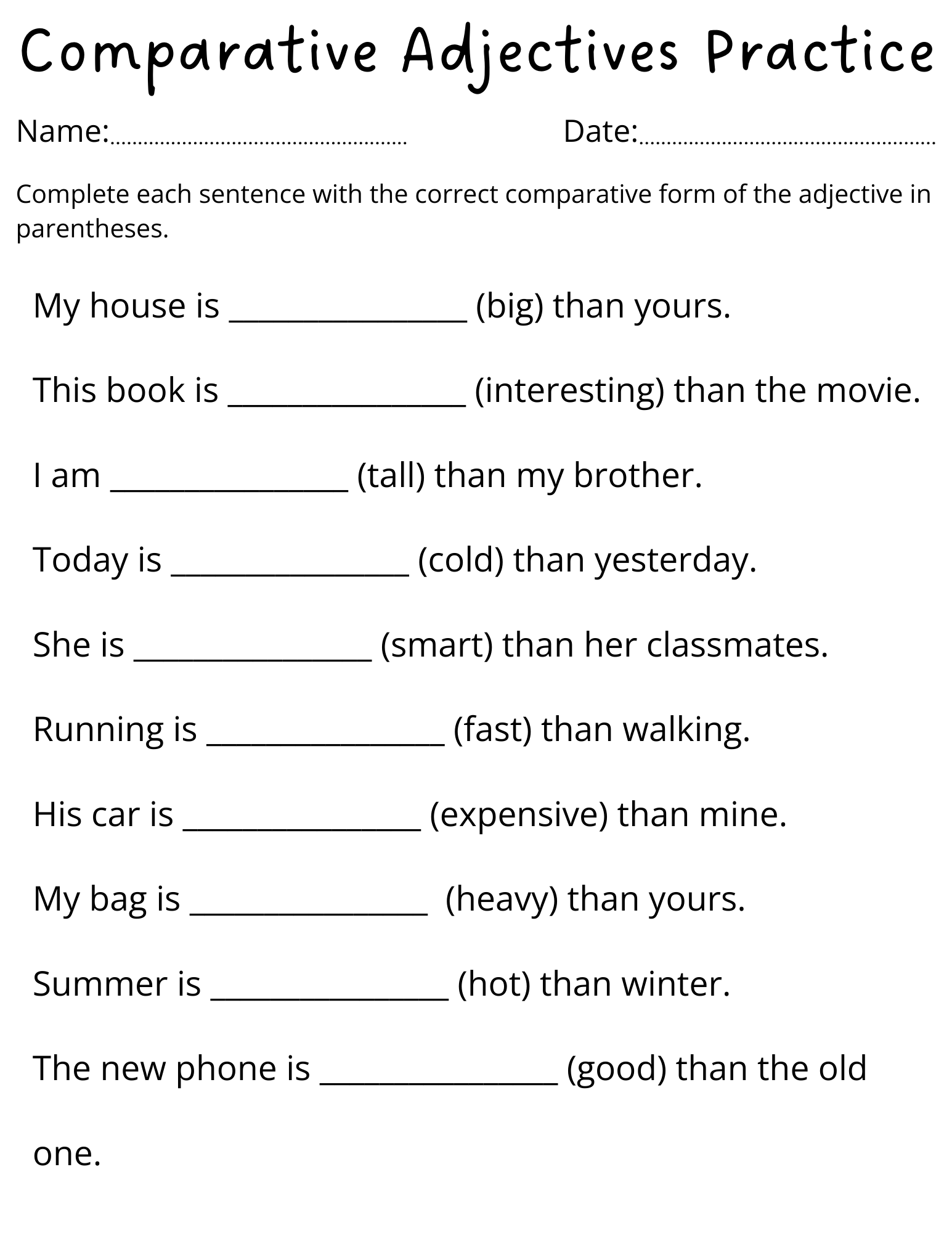 comparative adjectives activities for grade 1 | Teaching Resources