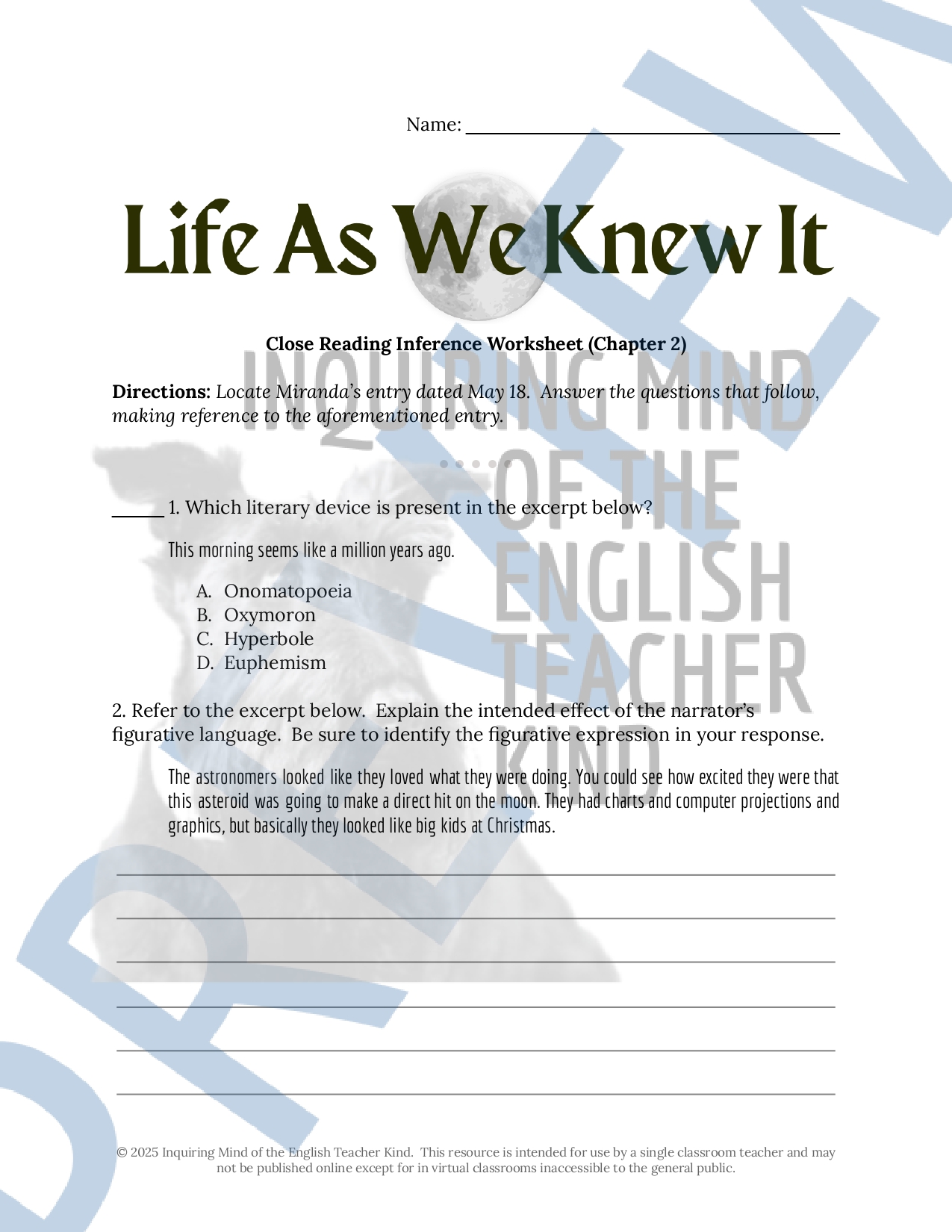 Life As We Knew It Chapter 2 Close Reading Inference Worksheet and Answer Key | Teaching Resources