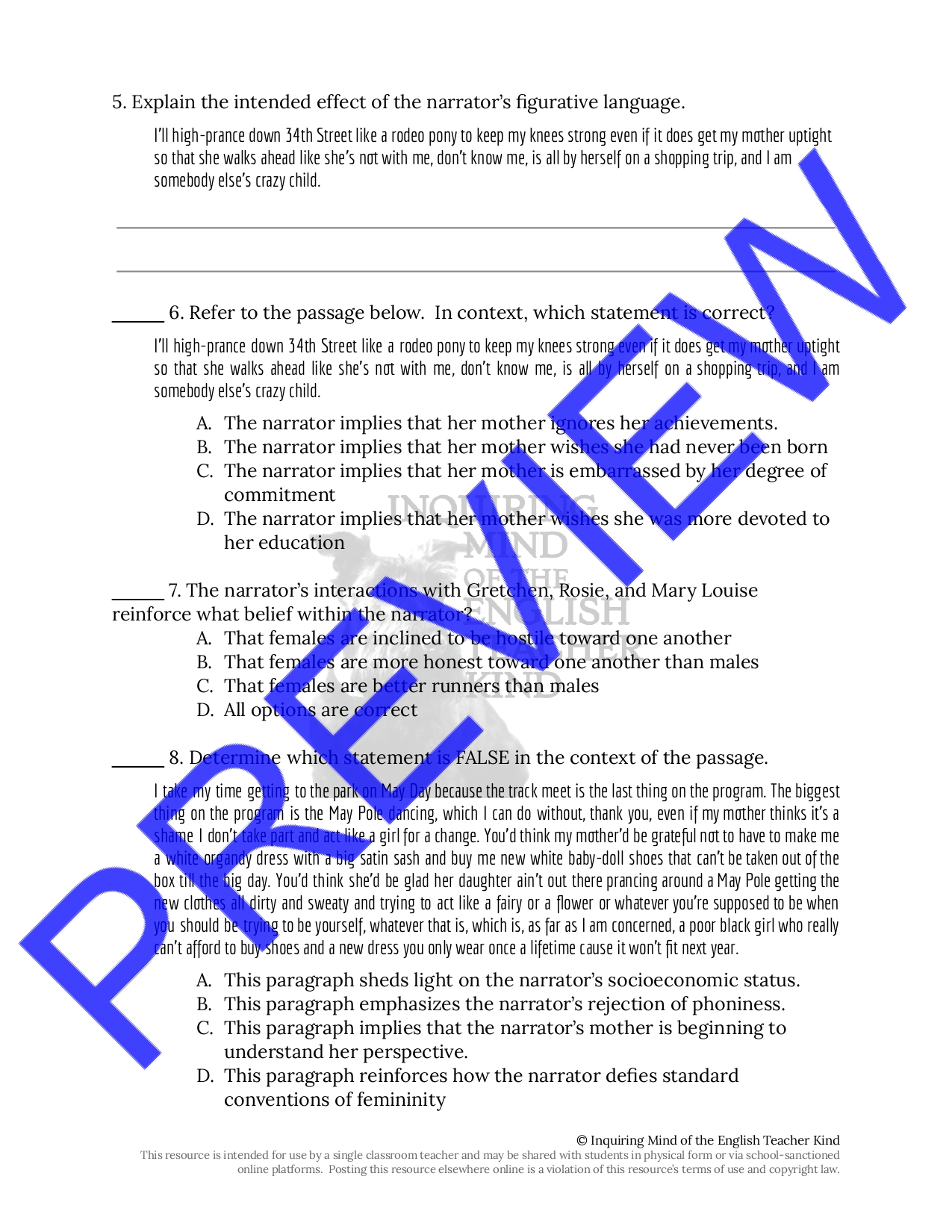 "Raymond's Run" by Toni Cade Bambara Printable Close Reading Analysis ...