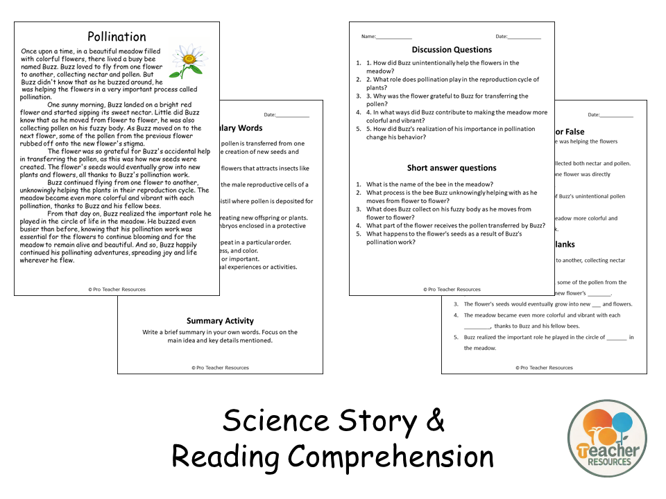 Pollination Reading Science Story Comprehension Questions Worksheet ...