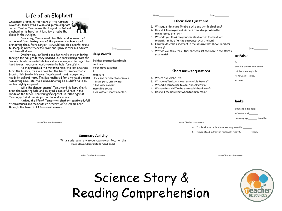 Life of an Elephant Reading Science Story Comprehension Questions ...