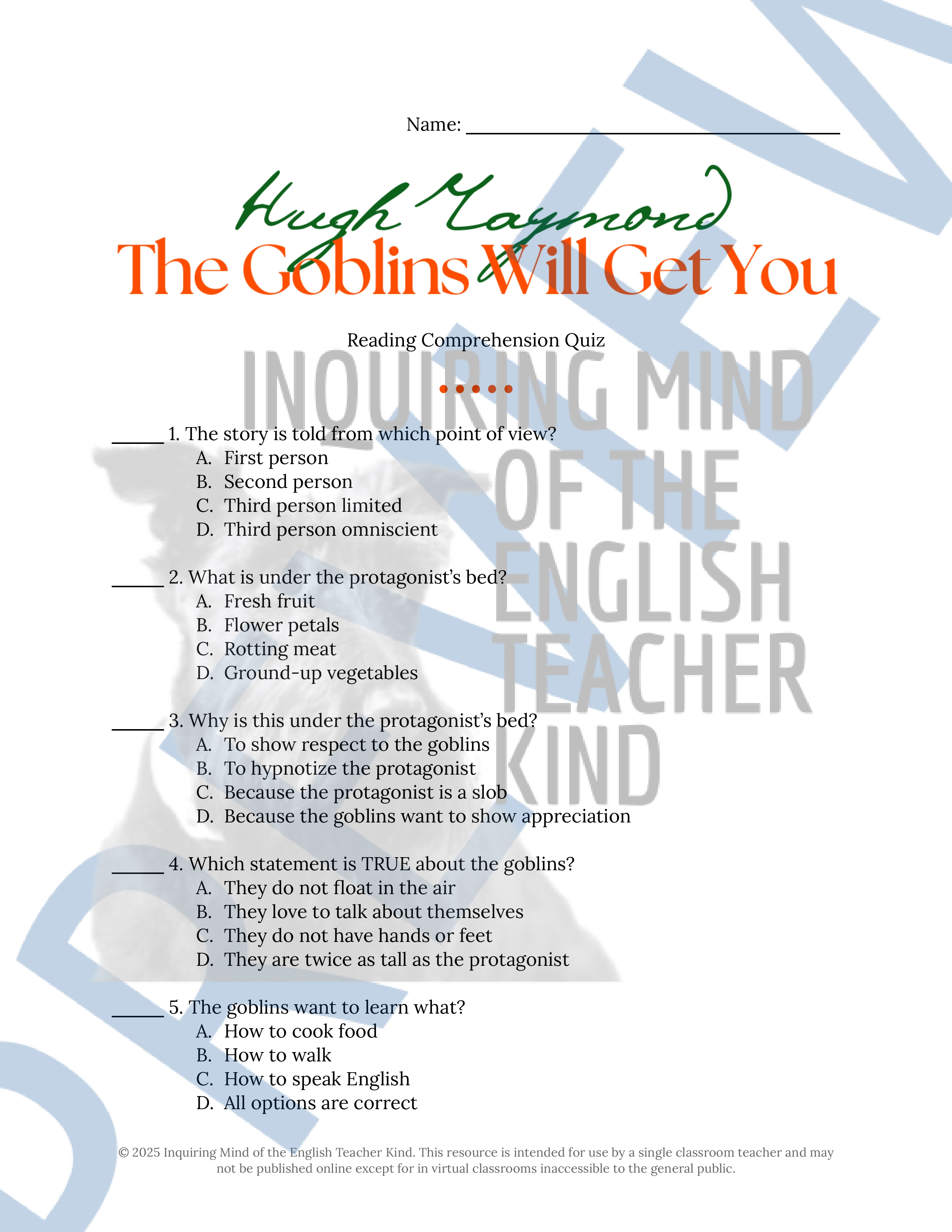 "The Goblins Will Get You" by Hugh Raymond Quiz and Answer Key (Dark ...